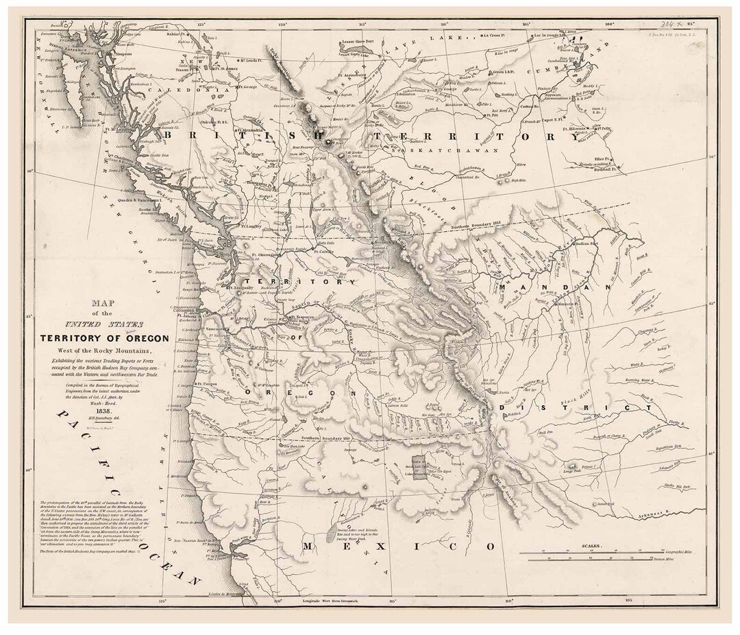 Oregon Territory 1838 Old Map Trading Depots and Forts - Reprint -- 18 ...
