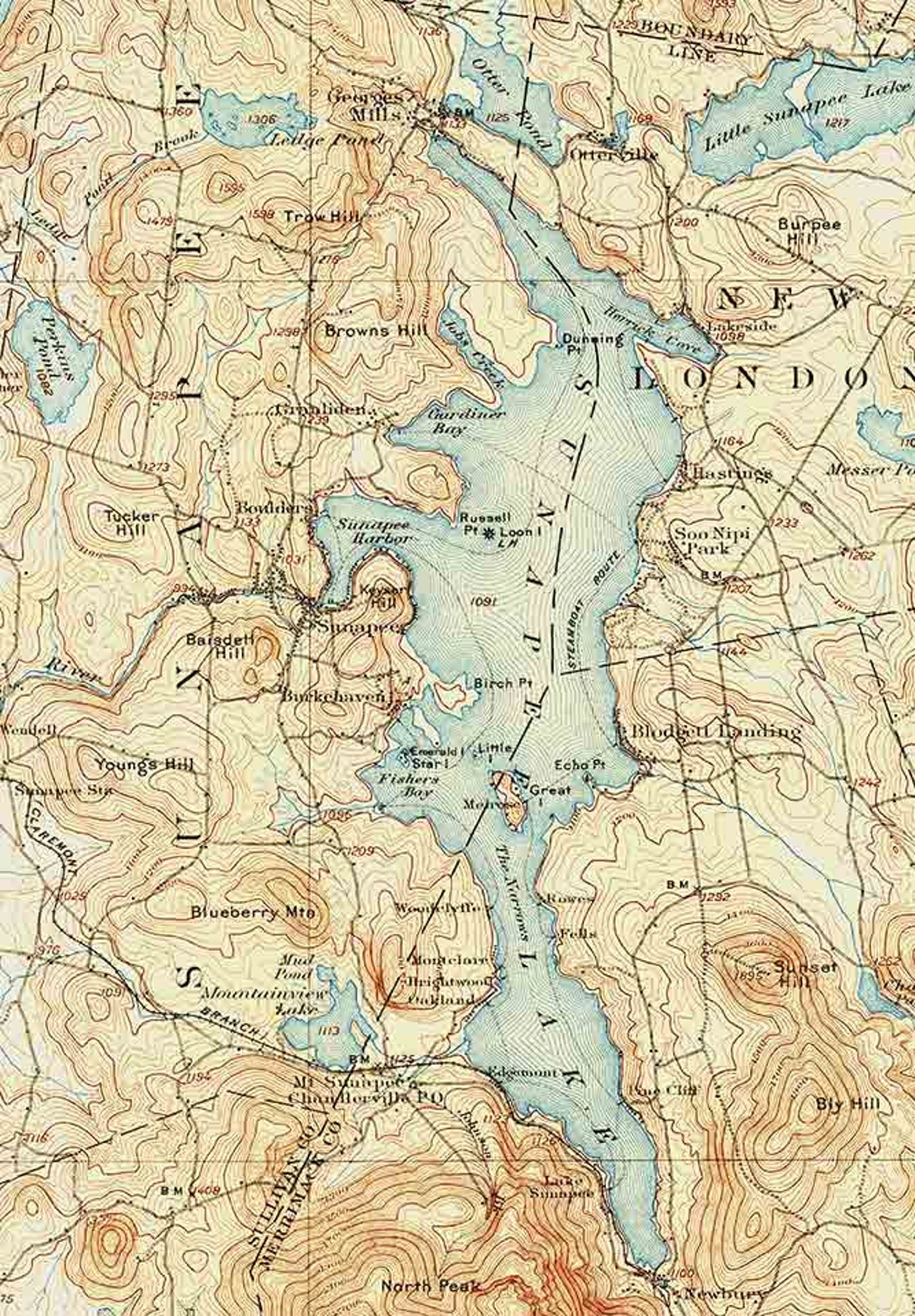 Lake Sunapee Big Area Ca 1930 USGS Old Topographical Map - Etsy