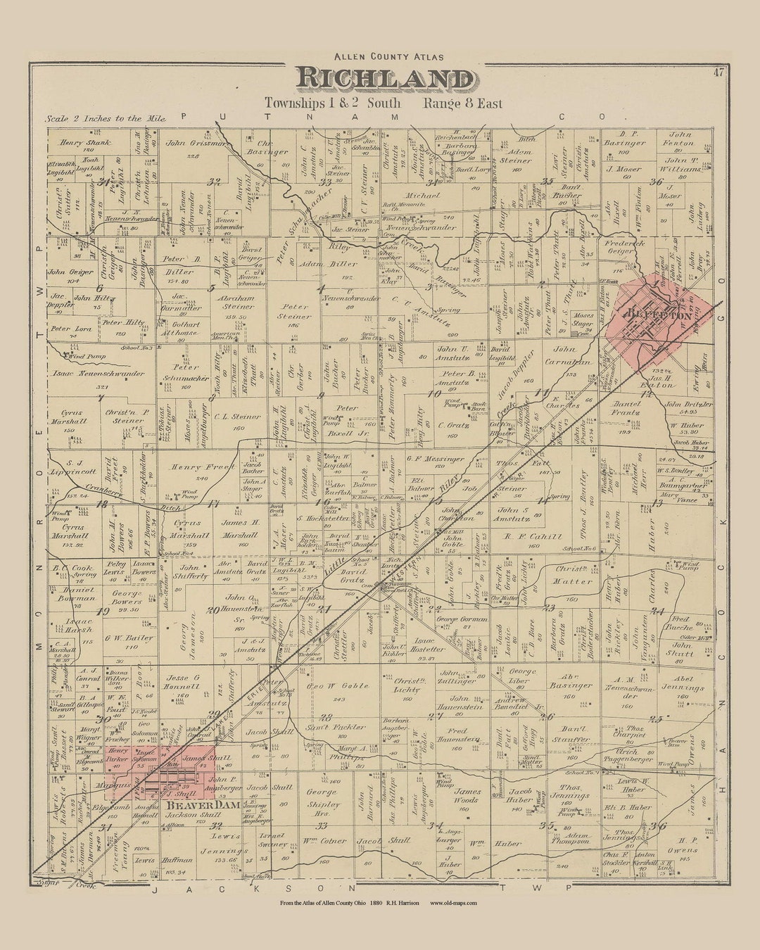 Richland 1880 - Old Town Map Reprint - Allen County, Ohio - Homeowner ...