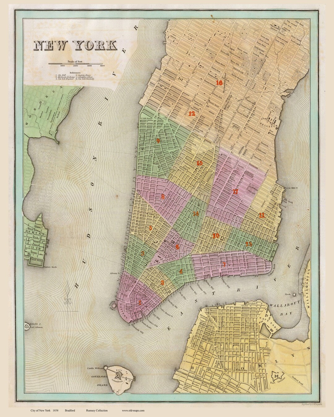 New York City - 1838 Map by Bradford - Reprint NYC - Etsy