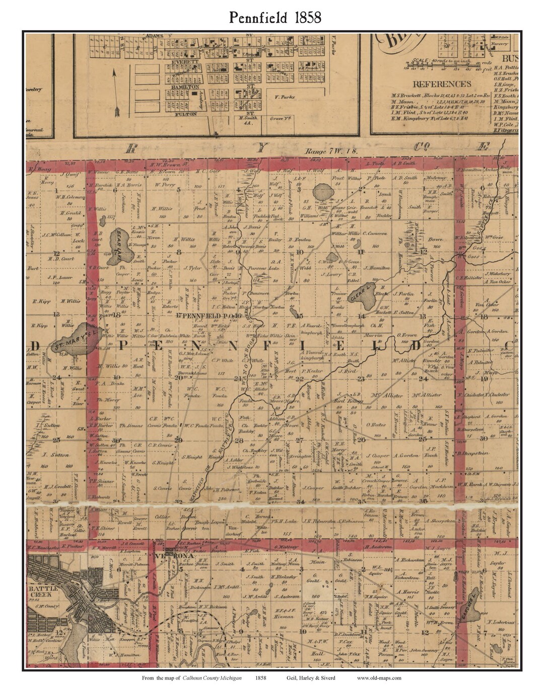 Pennfield 1858 Old Town Map With Homeowner Names - Bear Lake - Clear ...