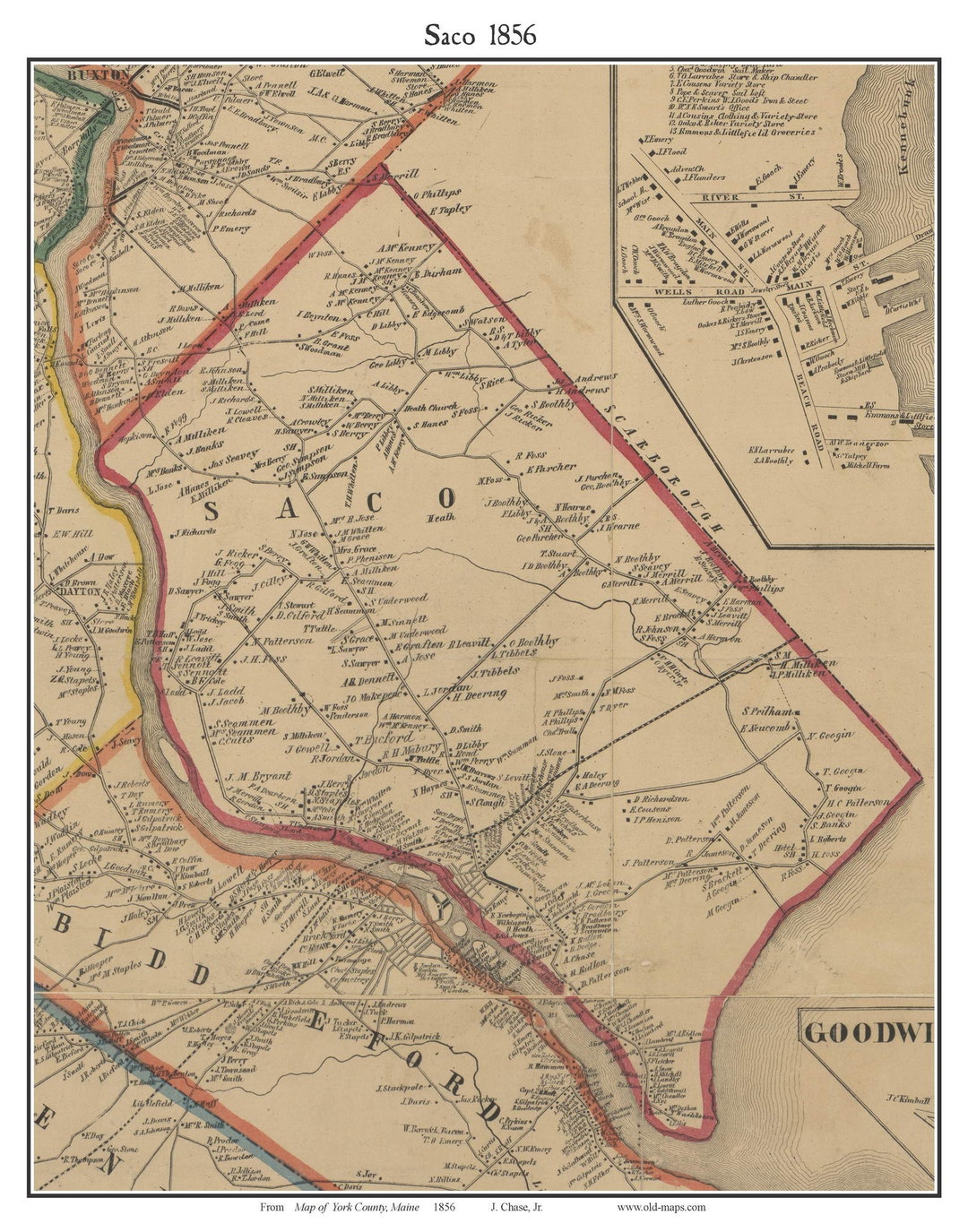 Saco 1856 Old Town Map With Homeowner Names Maine - Reprint York County ...