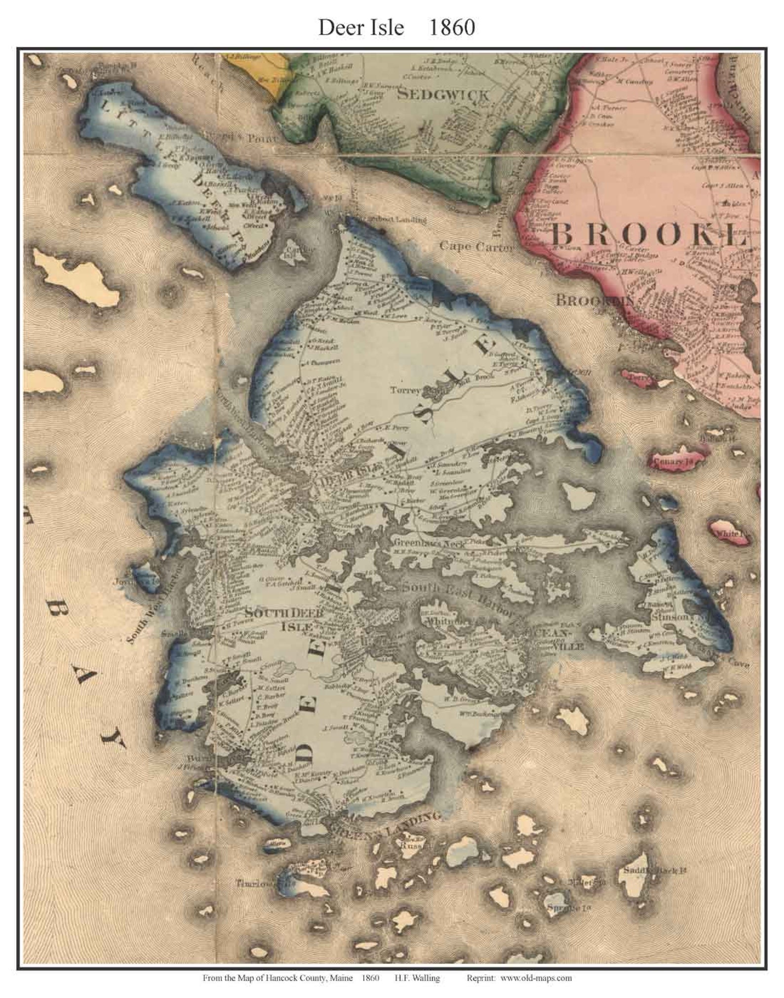 Deer Isle 1860 Old Town Map With Homeowner Names Maine - Etsy