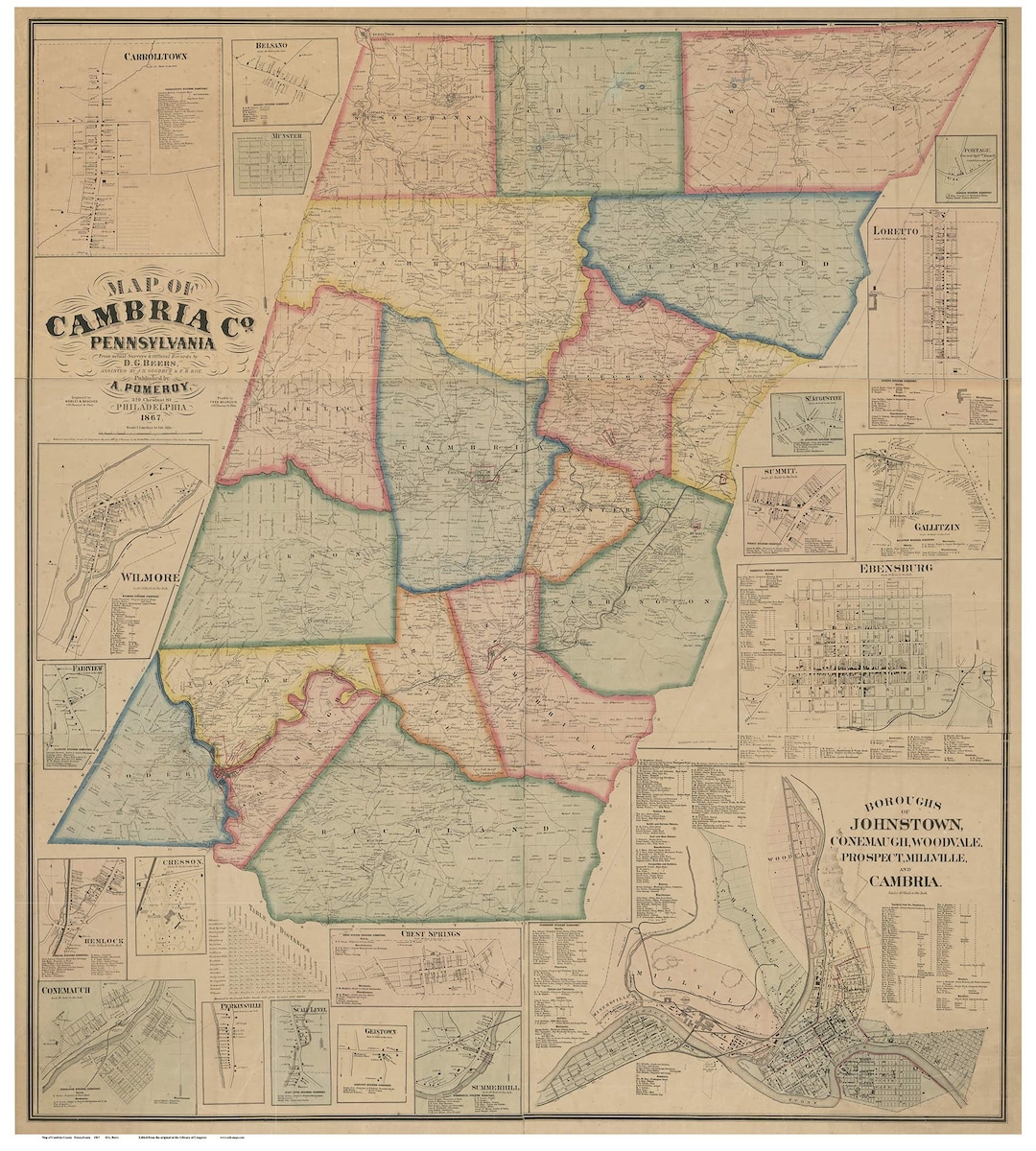 Cambria County Pennsylvania 1867 - Old Wall Map With Homeowner Names ...