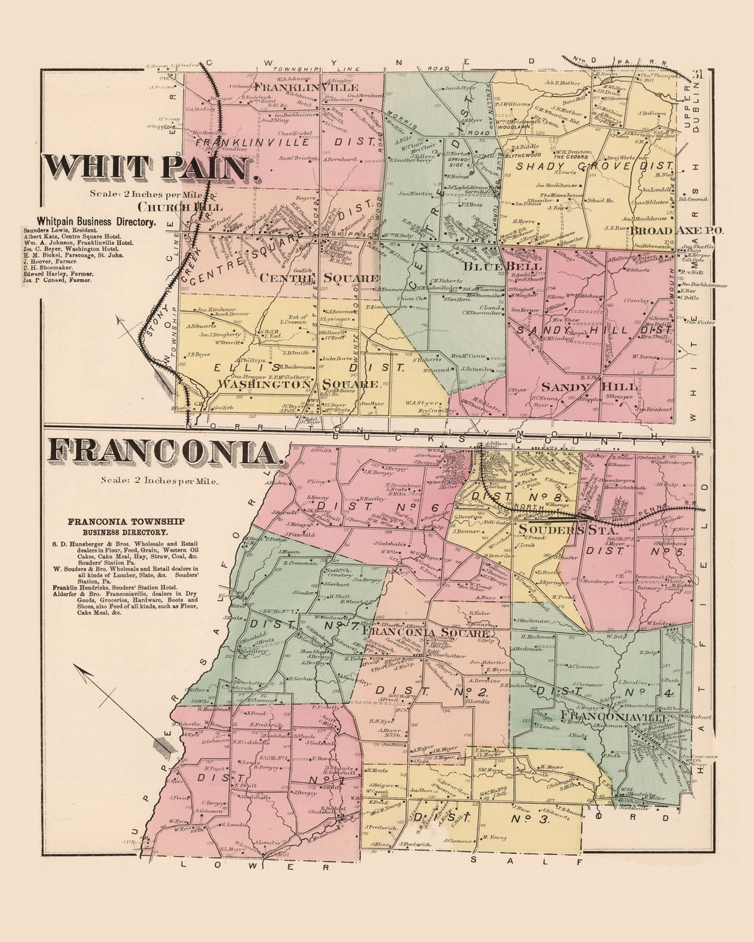 Whitpain & Franconia 1871 Old Town Map Homeowner Name Sounders Station ...