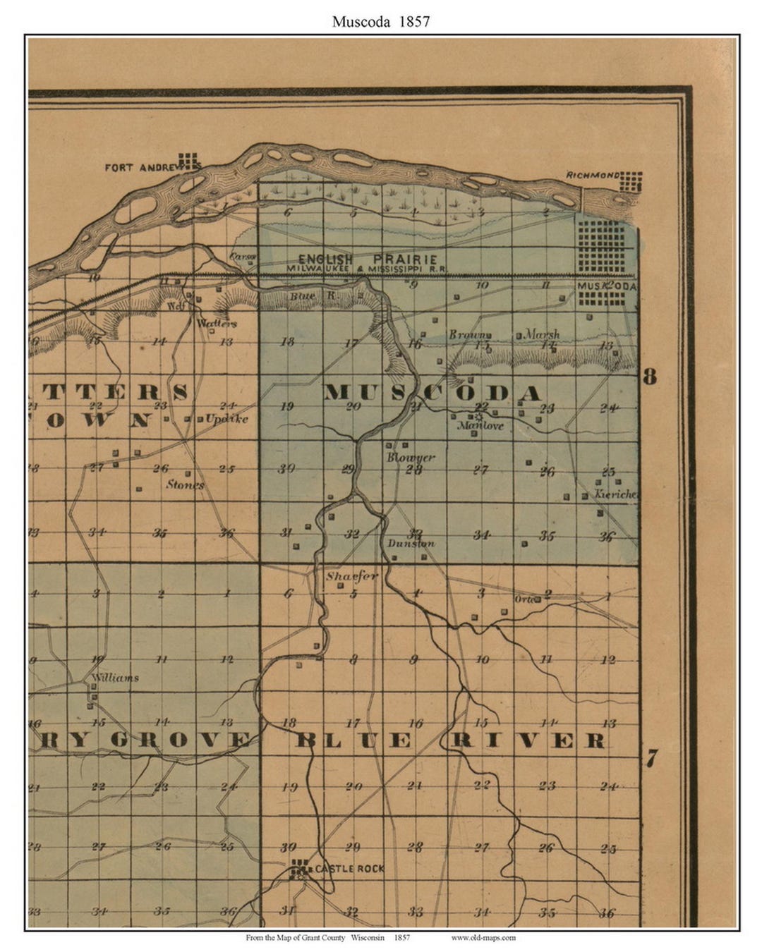 Muscoda 1857 - Old Town Map With Homeowner Names - Wisconsin - Reprint ...