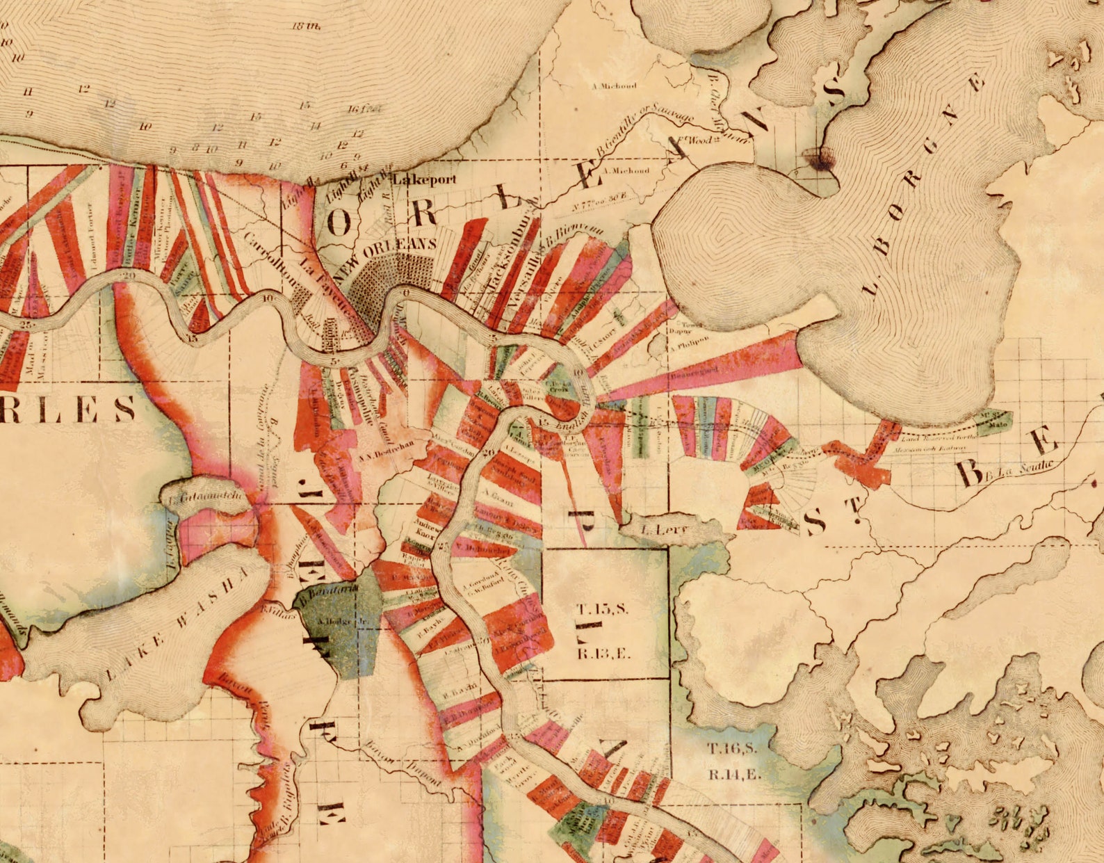 Louisiana 1848 - State Map With Landowner Names, Plantations, Townships ...
