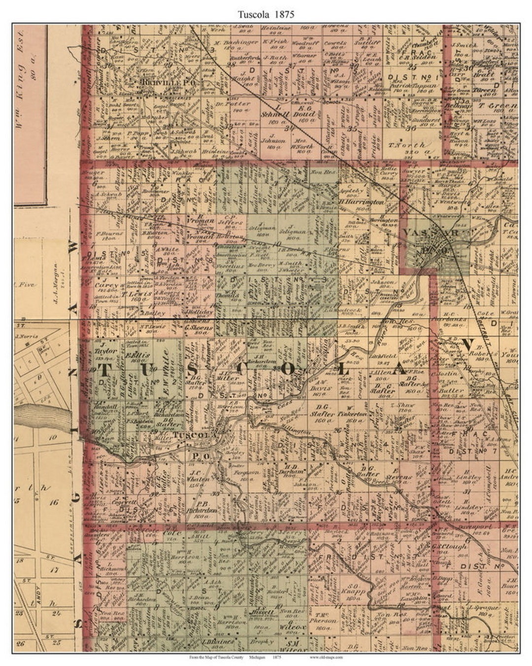 Tuscola 1875 Old Town Map With Homeowner Names Michigan - Reprint ...