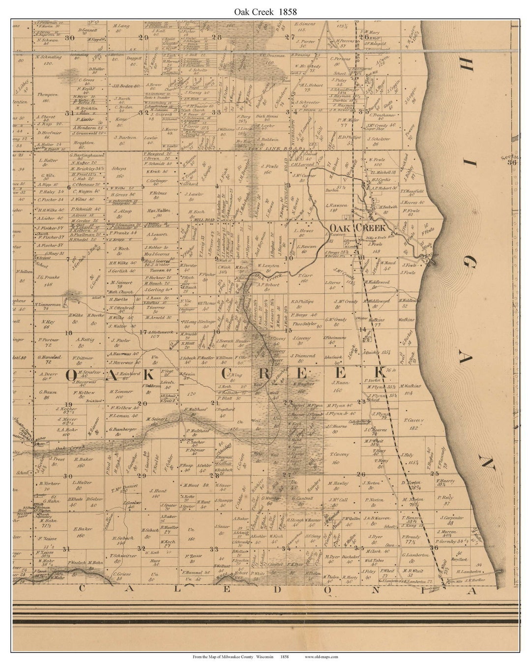Oak Creek 1858 - Old Town Map With Homeowner Names - Wisconsin ...