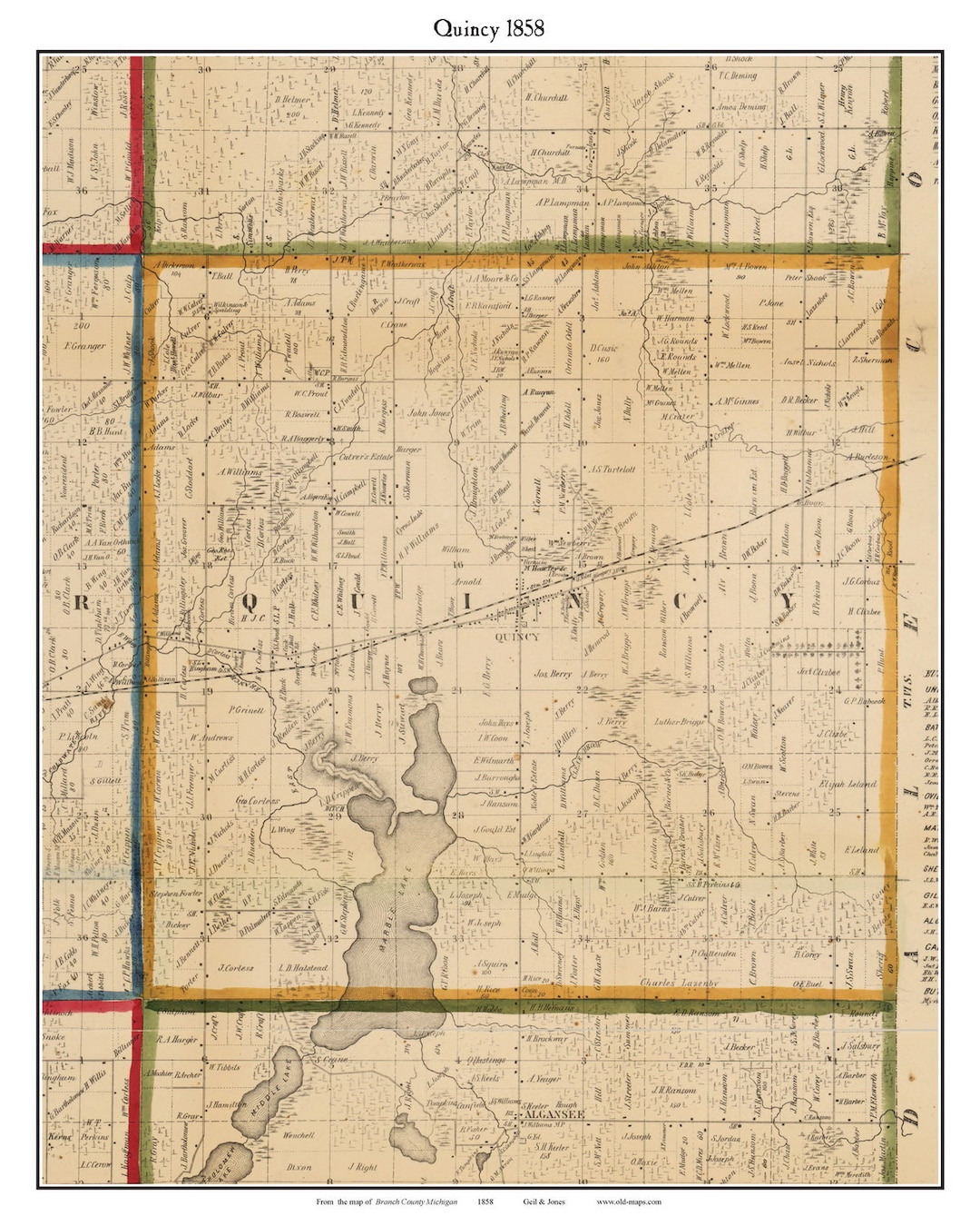 Quincy 1858 Old Town Map With Homeowner Names - Marble Lake Michigan ...