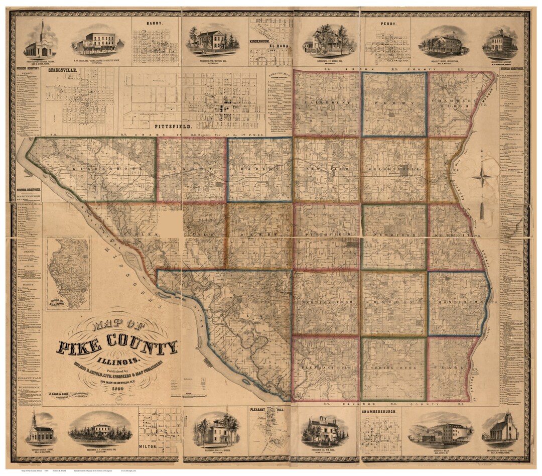 Pike County Illinois 1860 - Old Wall Map With Landowner Names Farm ...