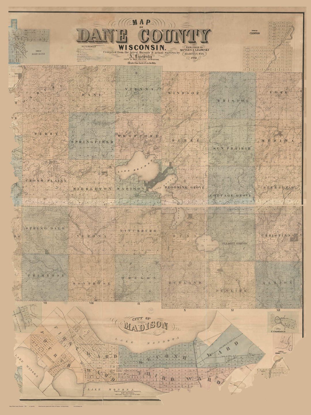 Dane County Wisconsin 1861 - Old Wall Map Reprint With Homeowner Names ...