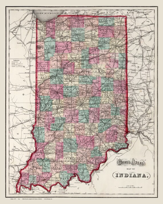 Indiana 1873 Old State Map Gray's Atlas Map Reprint | Etsy