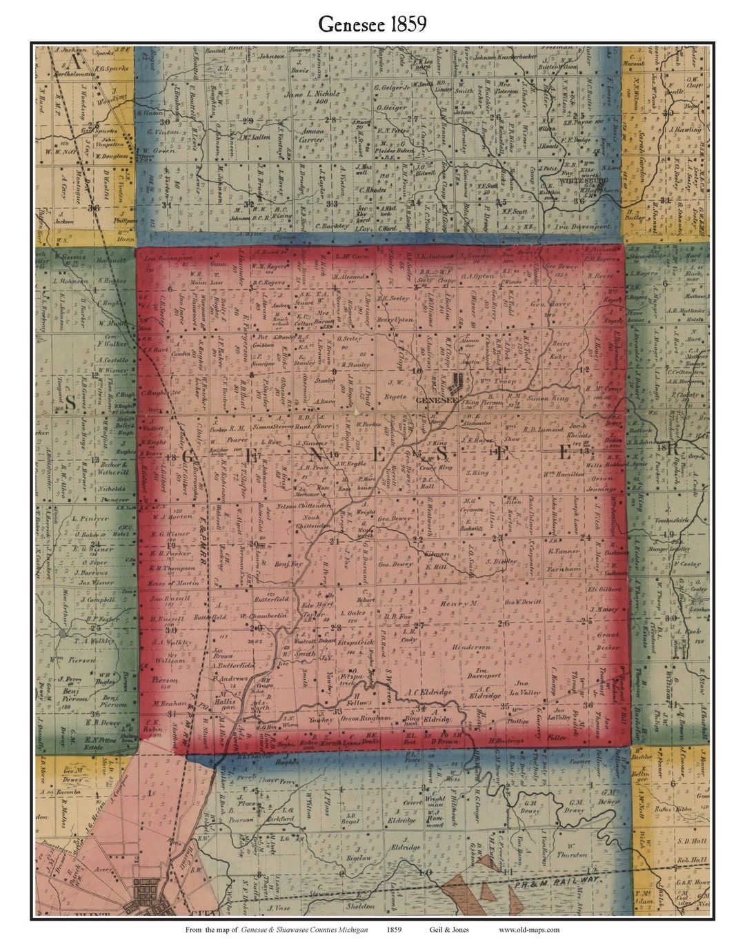 Genesee 1859 Old Town Map With Homeowner Names Michigan - Reprint ...