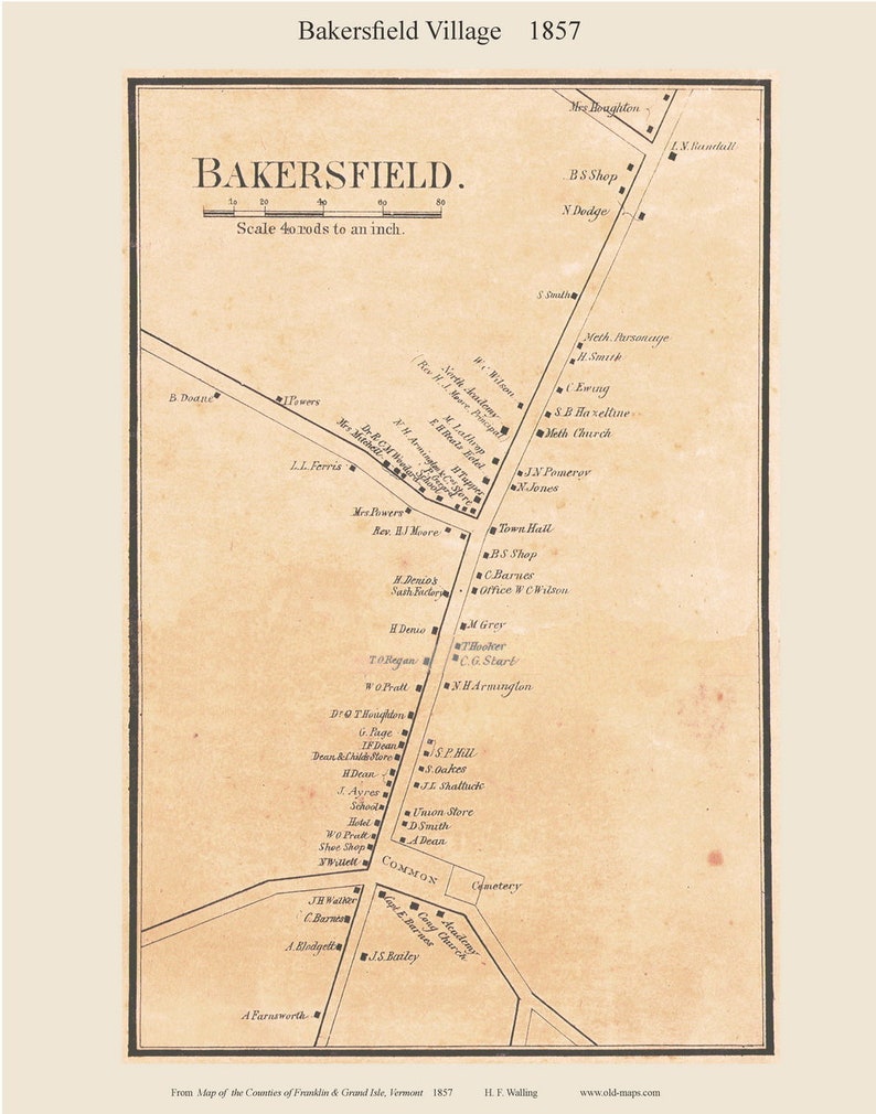 Bakersfield Village Vermont 1857 Old Town Map - Reprint Franklin Co ...
