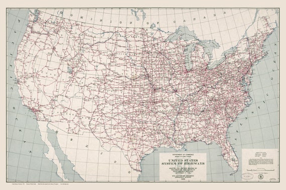 Vintage United States Hwy Map 30,980 United States Highway Map Stock