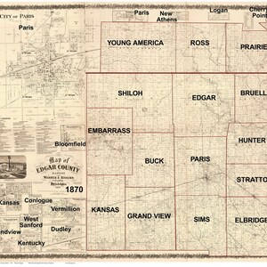 Edgar County Illinois 1870 - Old Wall Map Reprint With Homeowner Names ...