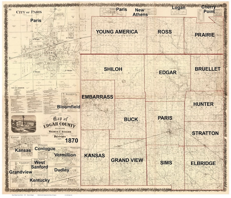Edgar County Illinois 1870 Old Wall Map Reprint With - Etsy