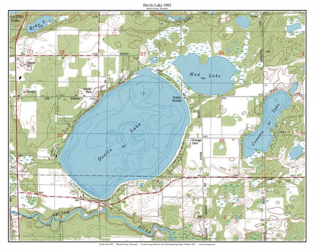 Devils Lake 1982 Burnett County - USGS Old Topographic Map Custom ...