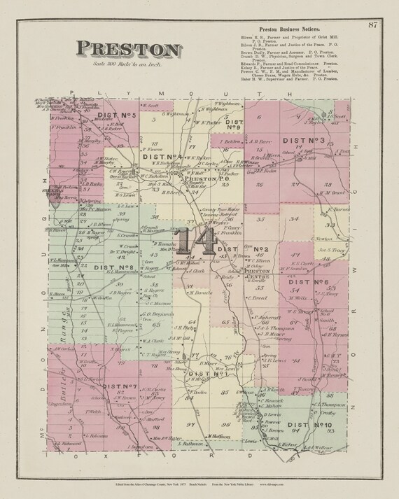 Preston 1875 Old Map Homeowner Names Reprint Chenango Co Beers | Etsy