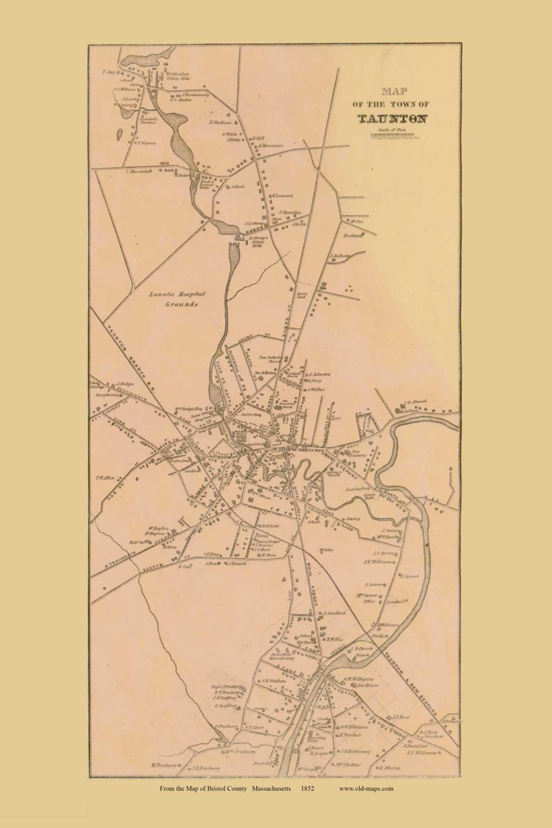 Taunton Village 1852 Old Town Map With Homeowner Names Massachusetts ...