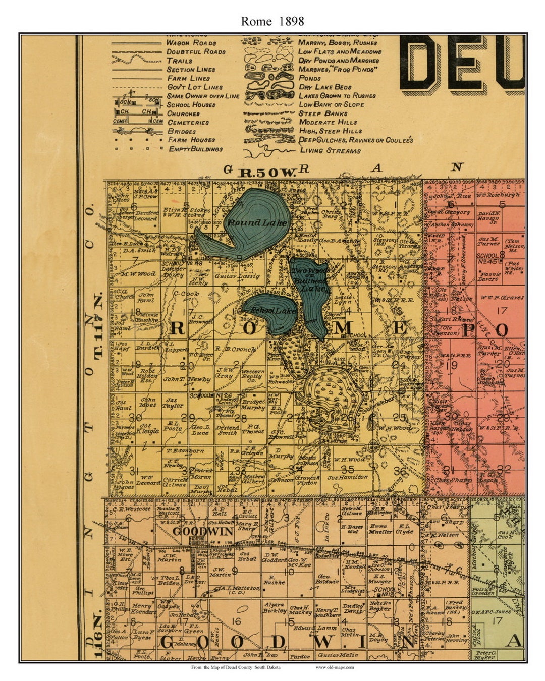 Rome 1898 Old Town Map With Homeowner Names South Dakota Deuel County ...
