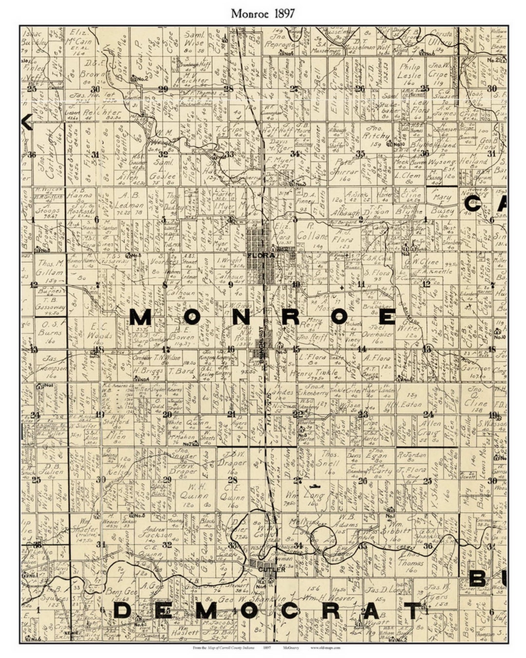Monroe 1897 Old Town Map With Homeowner Names Indiana Flora - Reprint ...