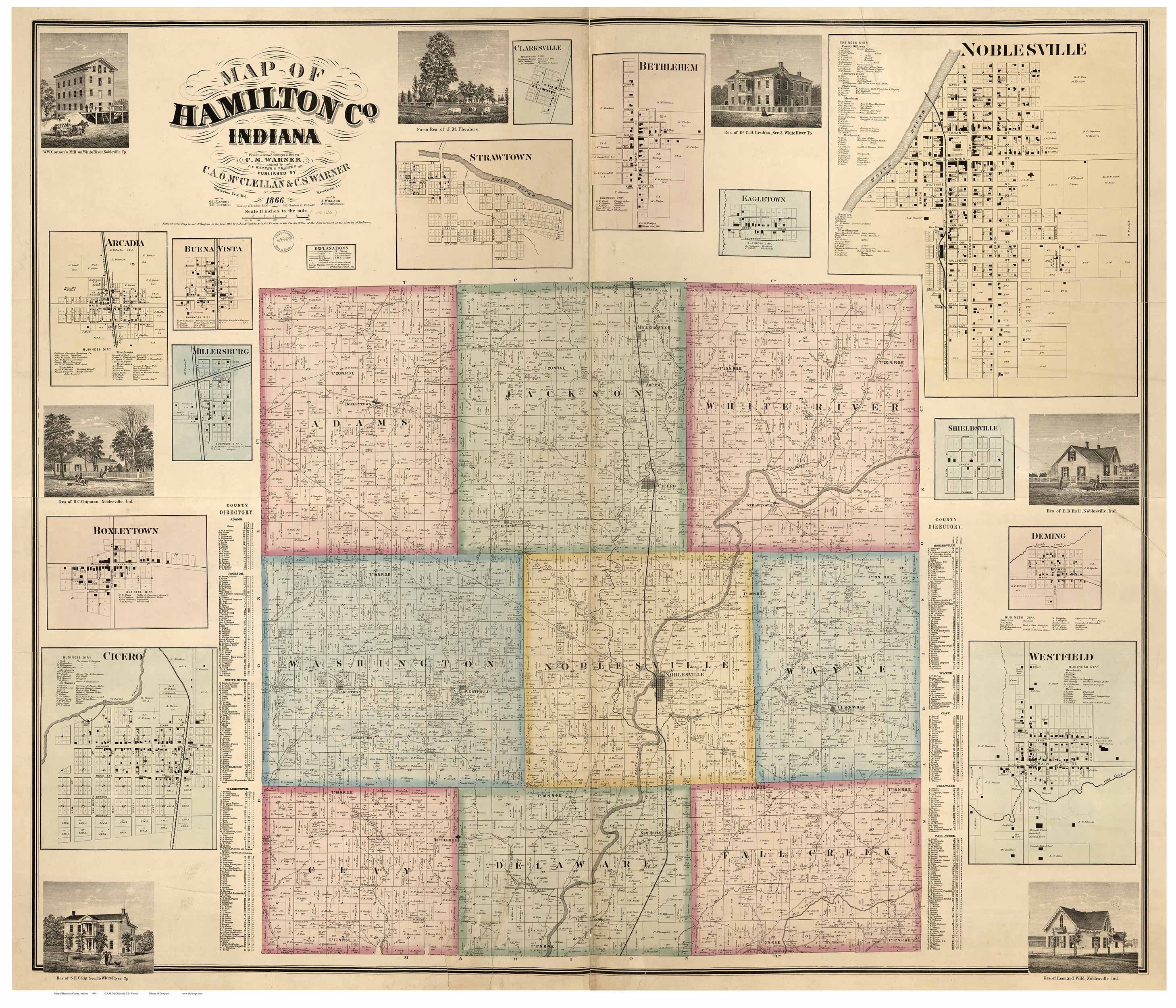 Hamilton County Indiana 1866- Old Wall Map Reprint With Homeowner Names ...