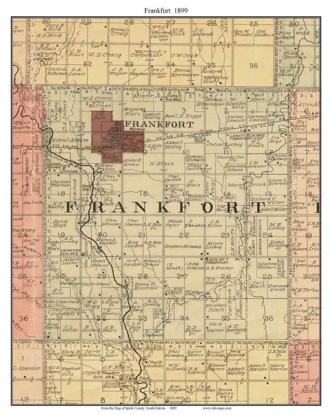 Frankfort 1899 Old Town Map With Homeowner Names South Dakota Spink ...