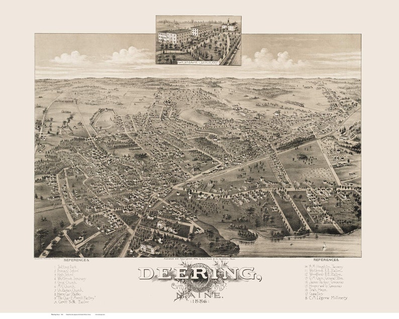Deering, Maine - 1886 - Old Map- Birds Eye View Reprint - Etsy