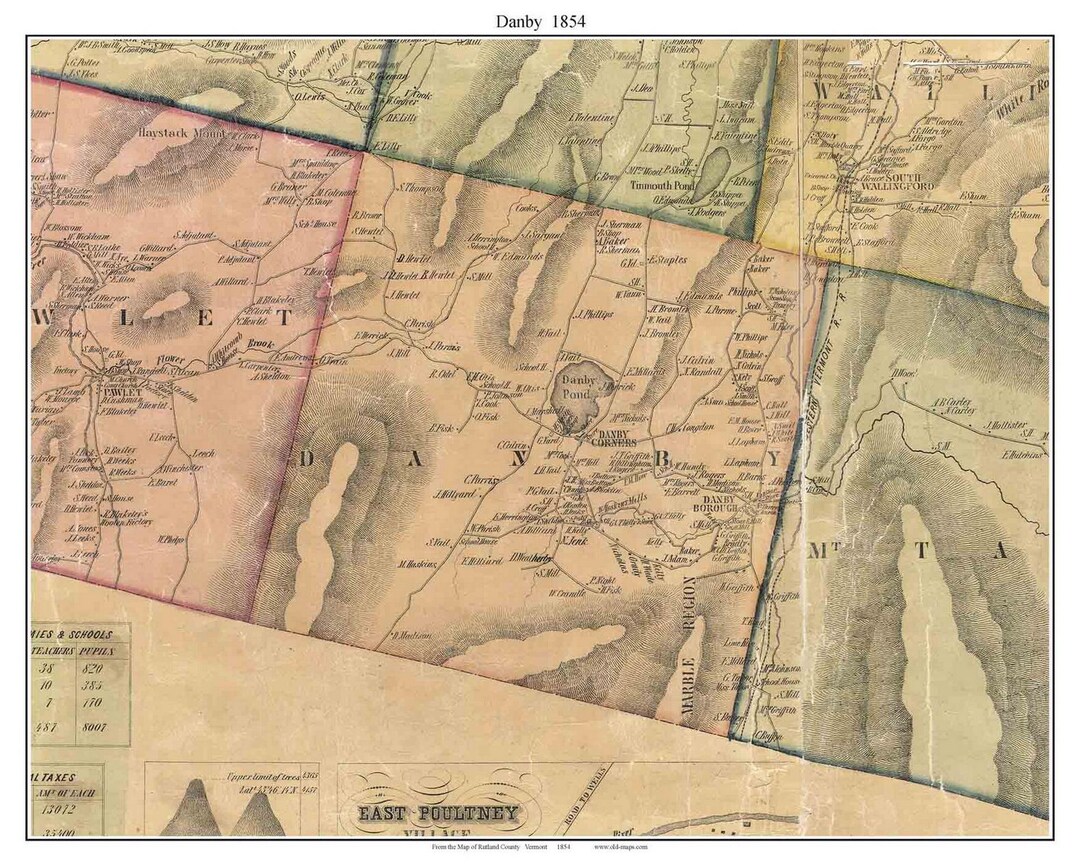 Danby 1854 Old Town Map With Homeowner Names - Vermont - Rutland County ...