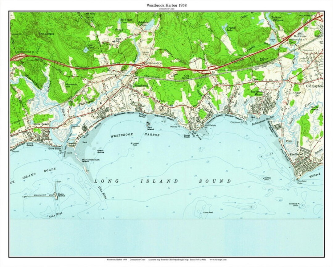 Westbrook Harbor - 1958 Old Topographic Map Quotonset Beach Knollwood ...
