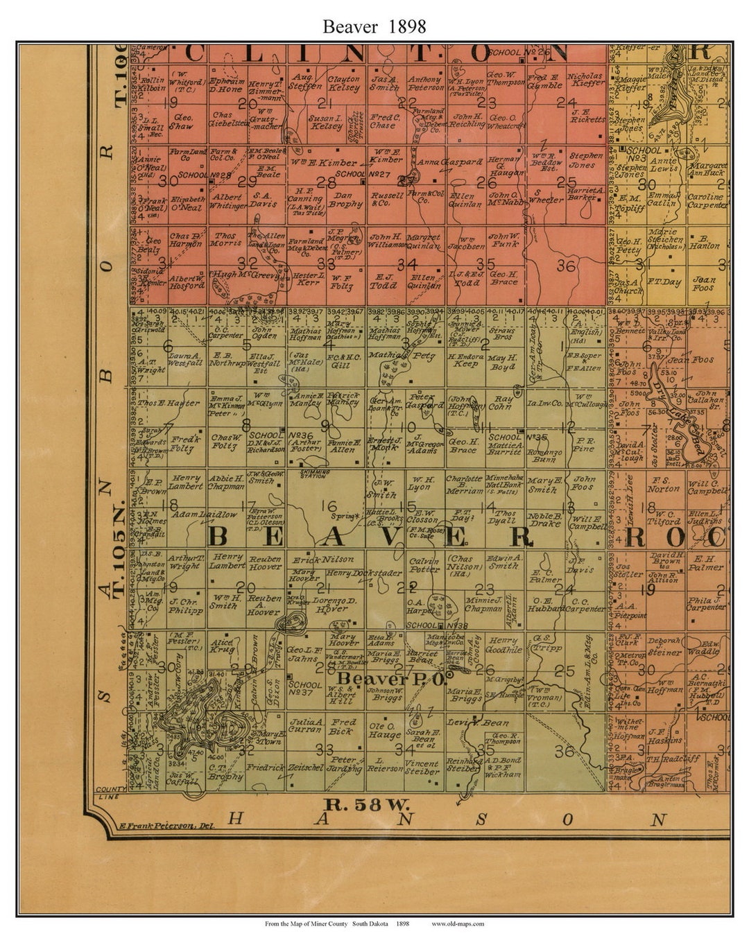 Beaver 1898 Old Town Map With Homeowner Names South Dakota Miner County ...