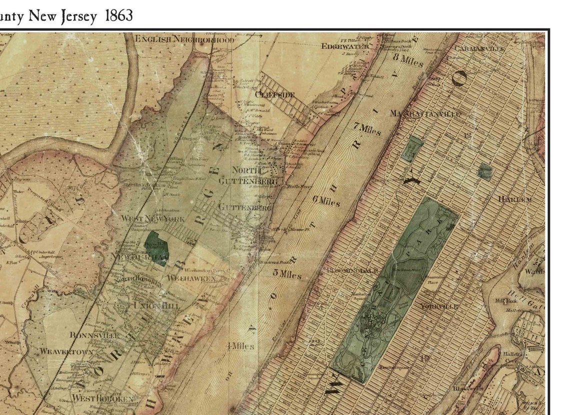 Hudson County NJ 1863 Wall Map Custom Reprint With Homeowner - Etsy