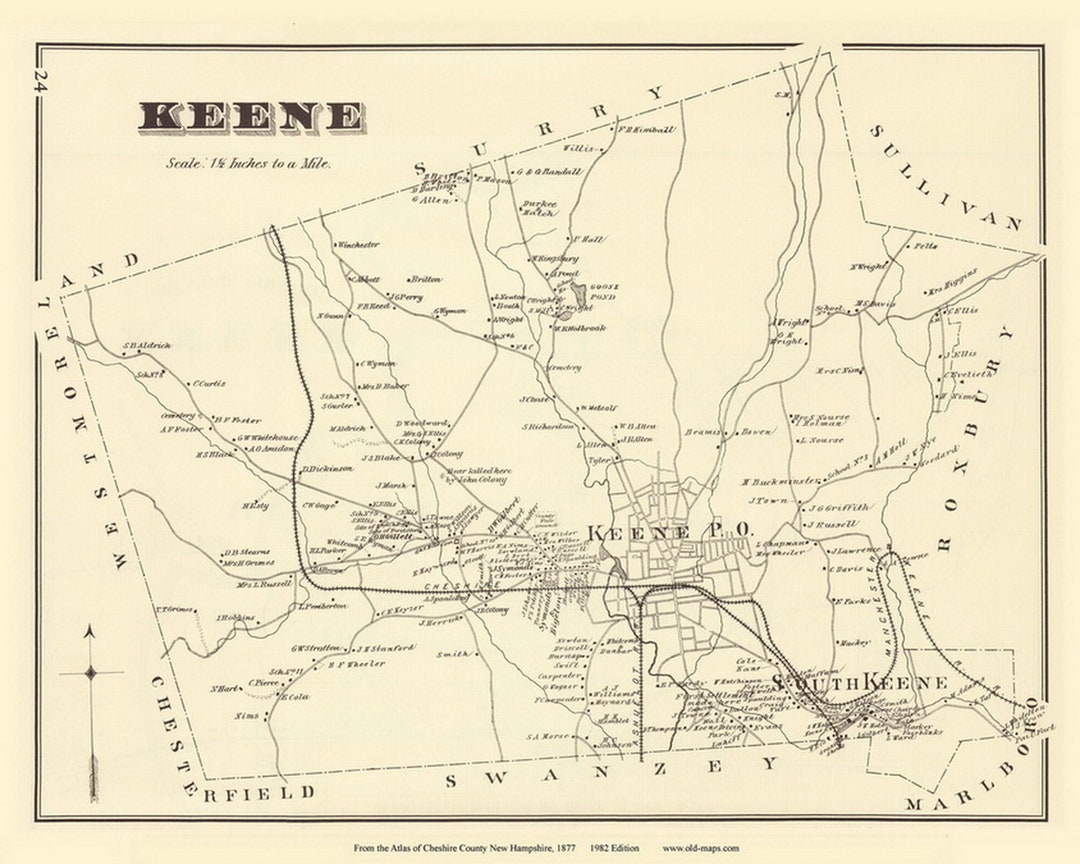 Keene 1877 Old Town Map With Homeowner Names New Hampshire - Genealogy ...