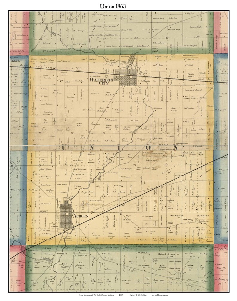 Union 1863 Old Town Map With Homeowner Names Indiana Waterloo City ...