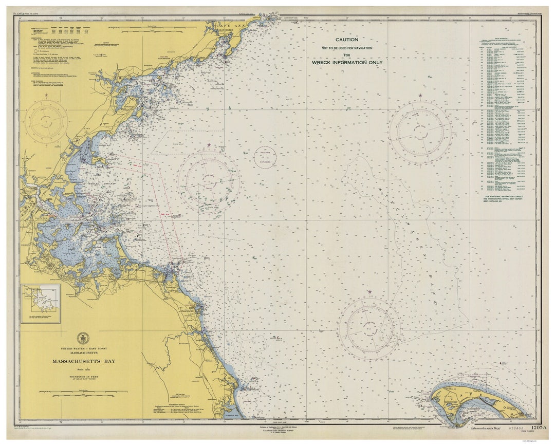 Massachusetts Bay-1945 -nautical Map - 80000 AC Reprint - SHIPWRECKS ...