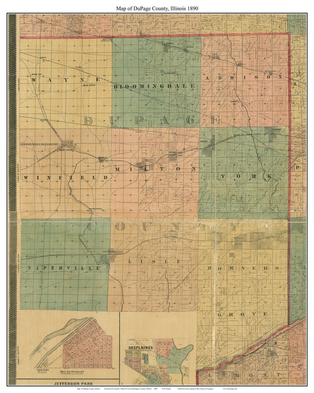 Dupage County Illinois 1890 - Old Wall Map Custom Reprint With ...