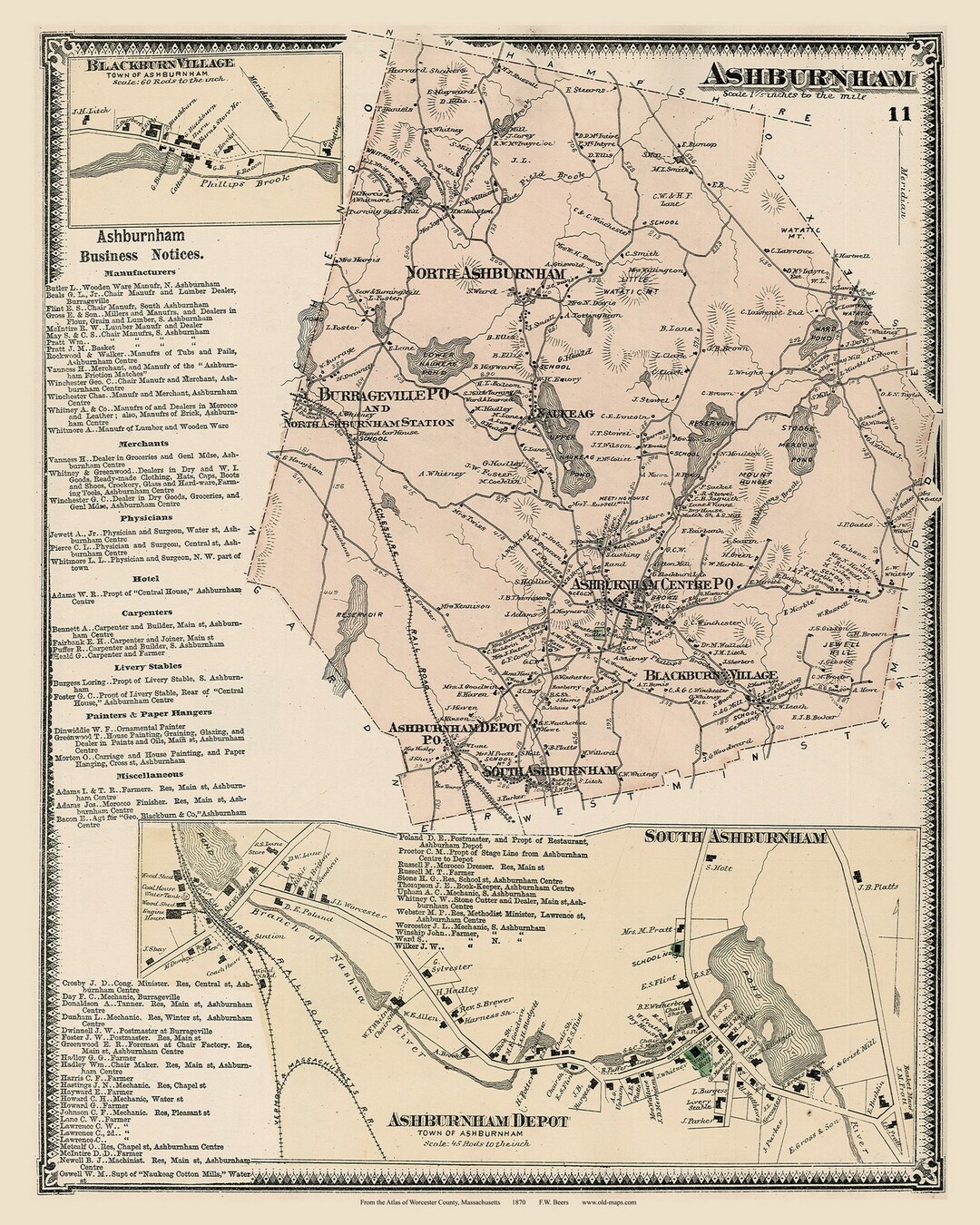 Ashburnham 1870 Old Town Map With Homeowner Names Massachusetts South ...