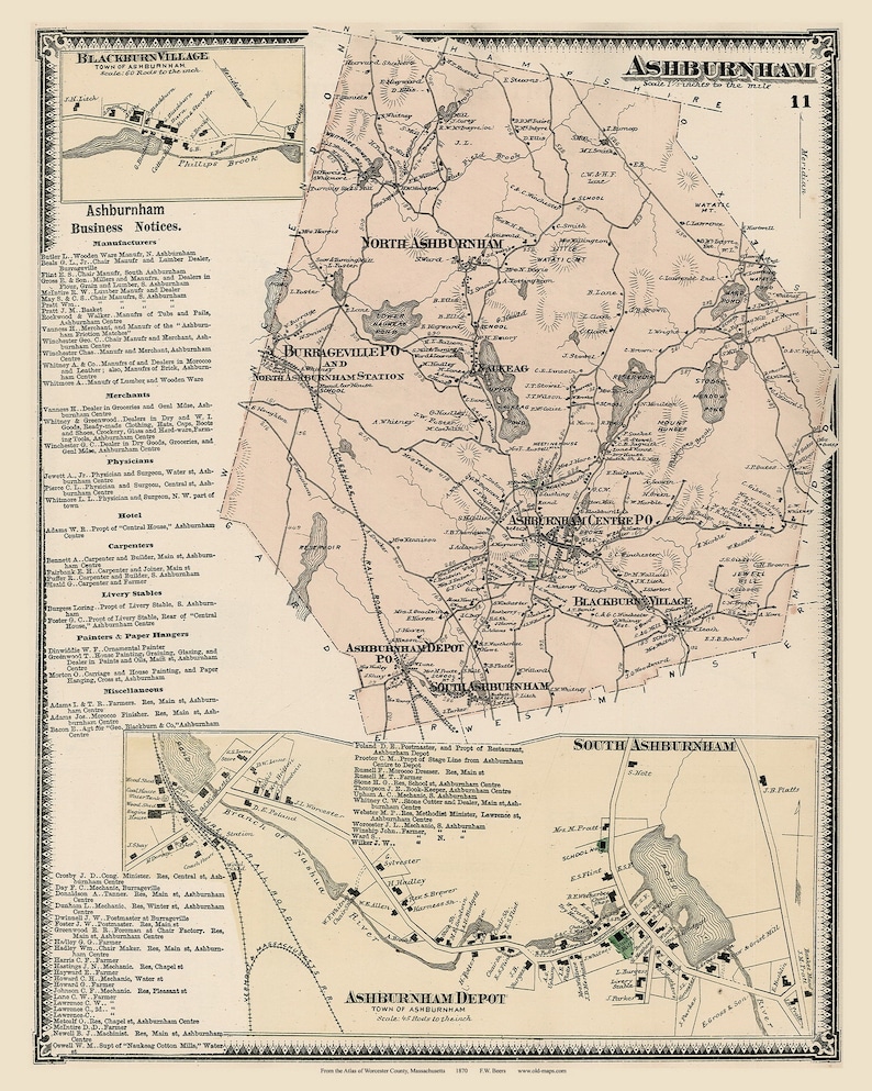 Ashburnham 1870 Old Town Map With Homeowner Names Massachusetts South ...
