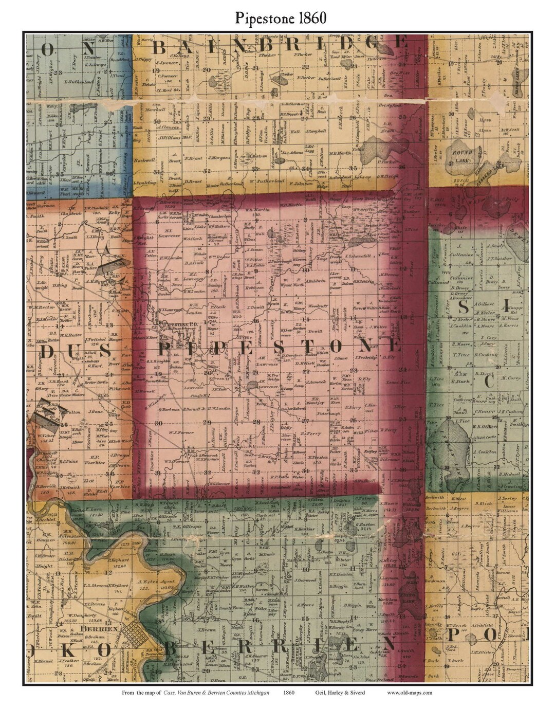 Pipestone 1860 Old Town Map With Homeowner Names Michigan - Reprint ...