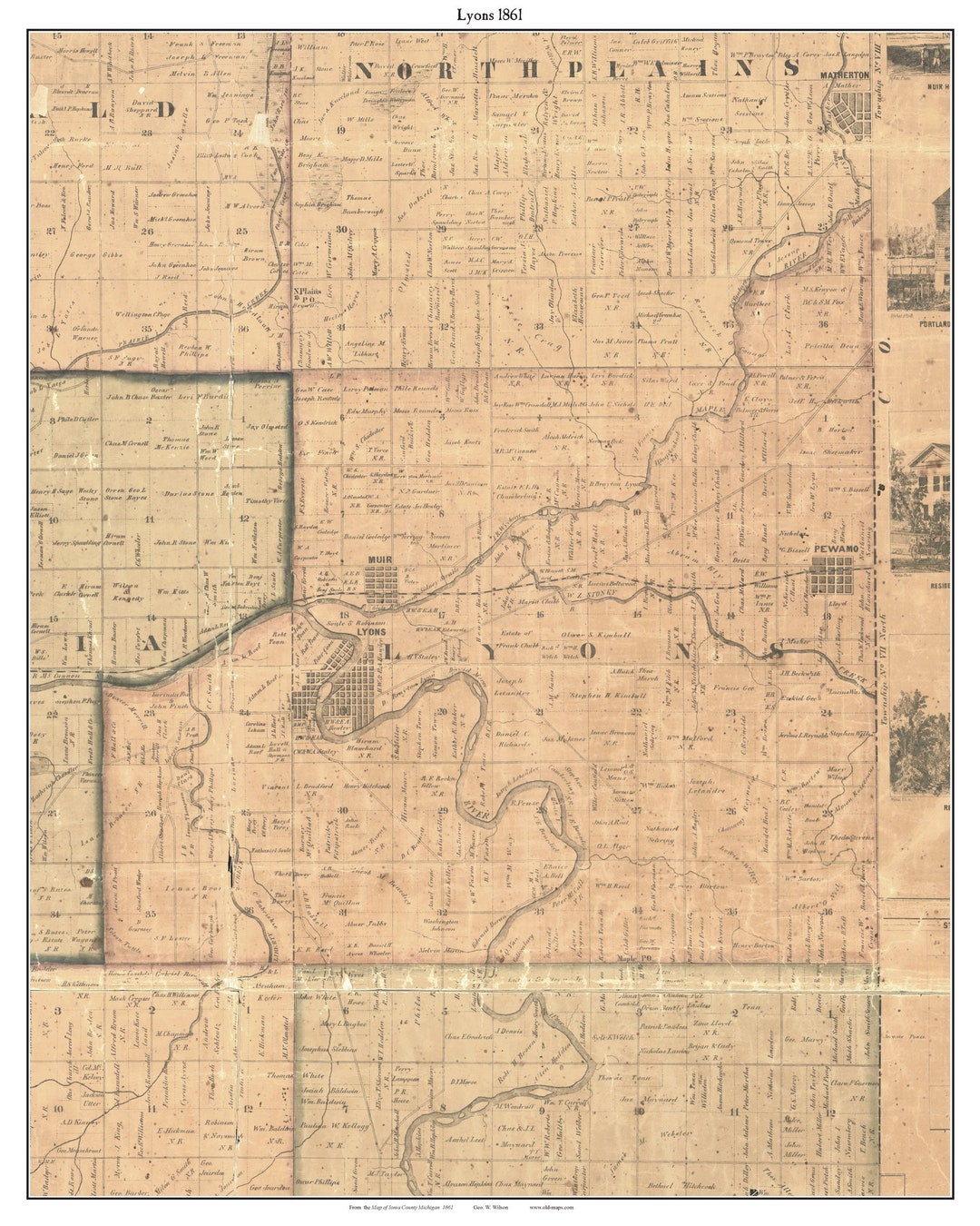 Lyons 1861 Old Town Map With Homeowner Names - Pewamo - Muir - Michigan ...