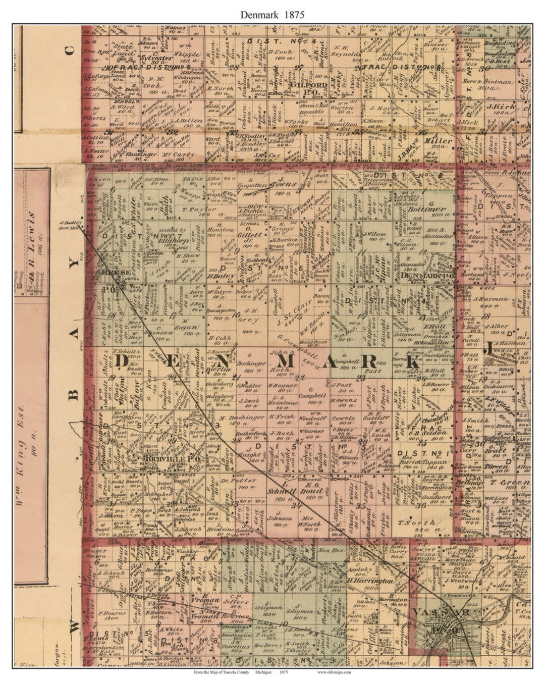 Denmark 1875 Old Town Map With Homeowner Names Michigan - Reprint ...