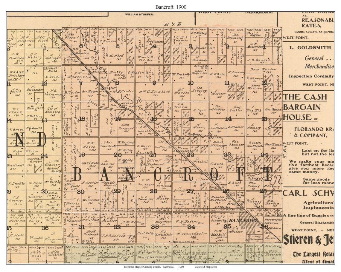 Bancroft 1900 Old Town Map With Homeowner Names Nebraska Reprint ...