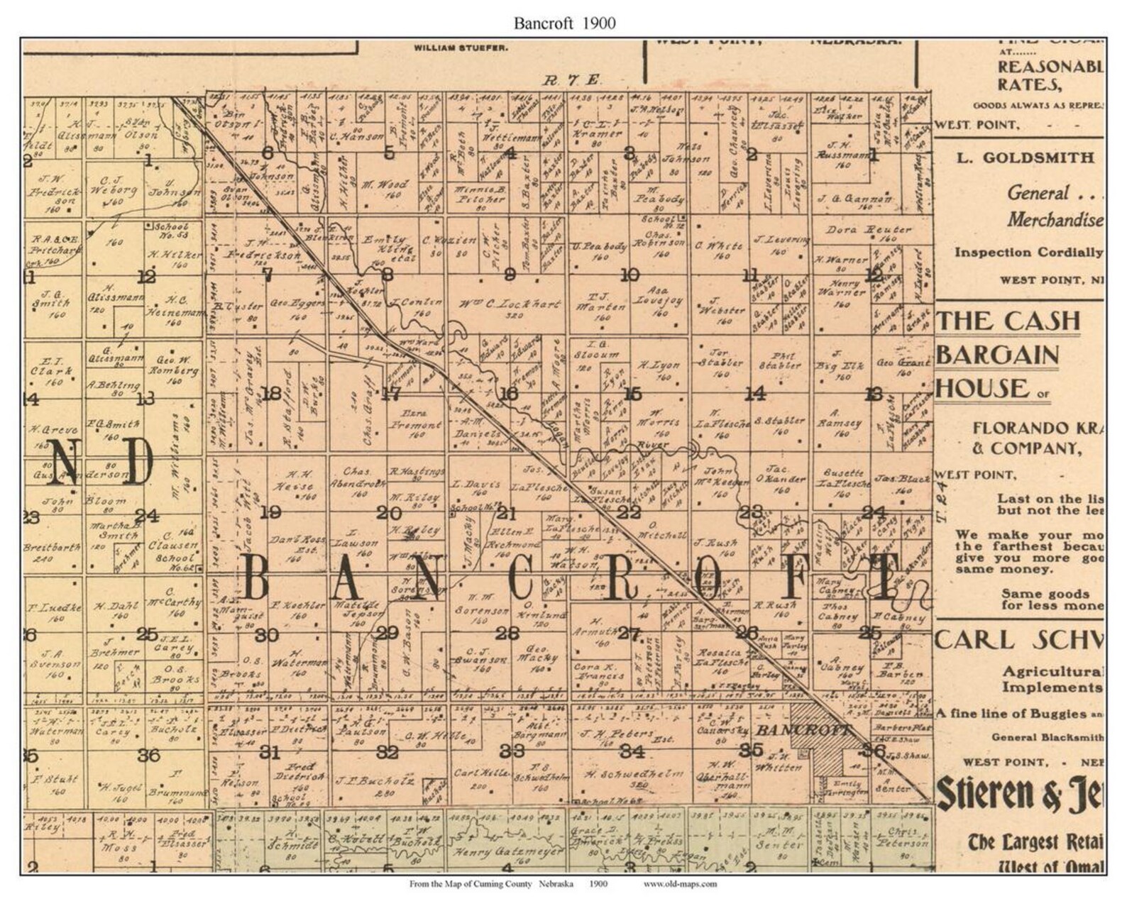 Bancroft 1900 Old Town Map With Homeowner Names Nebraska Reprint ...