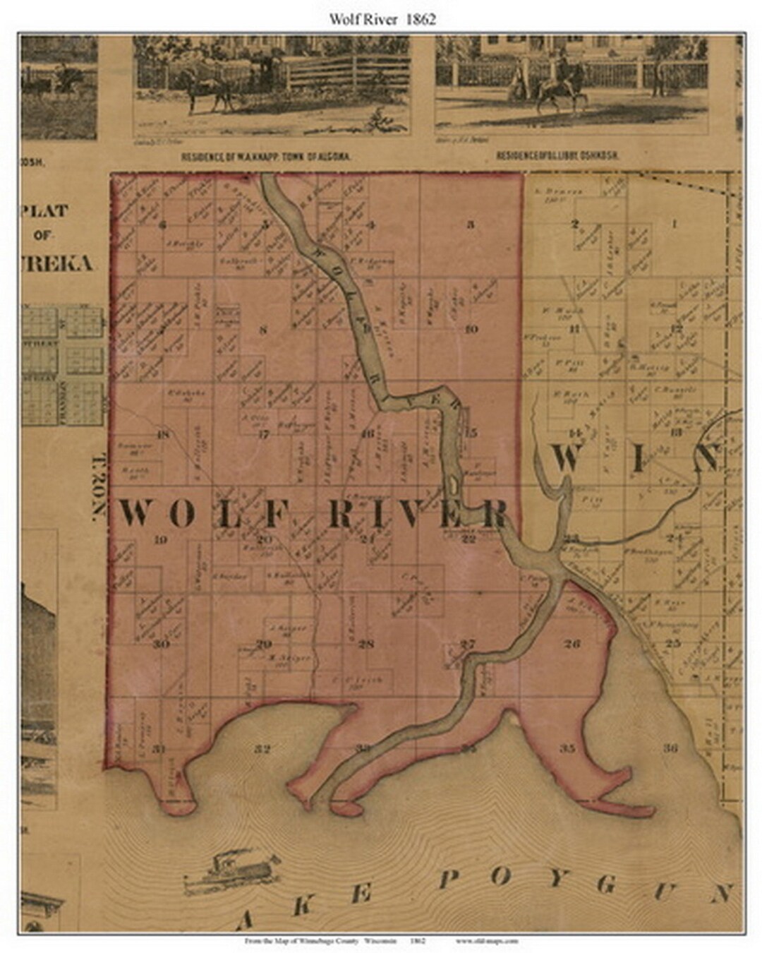 Wolf River 1862 - Old Town Map With Homeowner Names - Wisconsin ...
