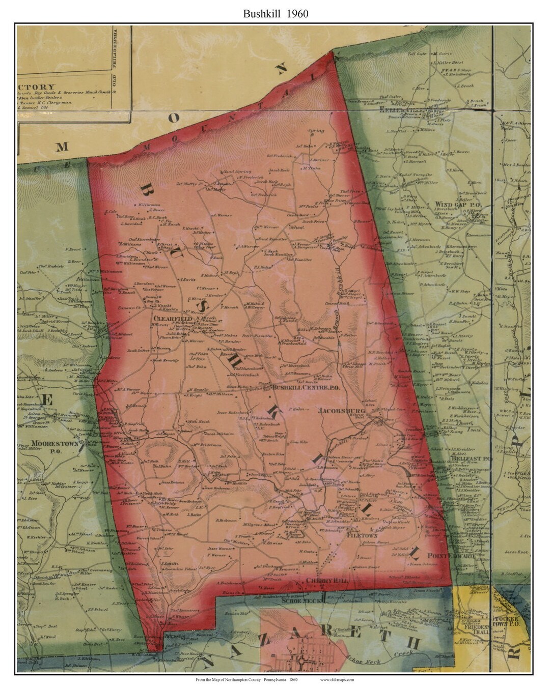Bushkill 1860 Old Town Map With Homeowner Names Pennsylvania Reprint ...