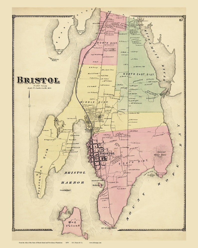Bristol Rhode Island 1870 Old Town Map Mount Hope Bay Reprint - Etsy
