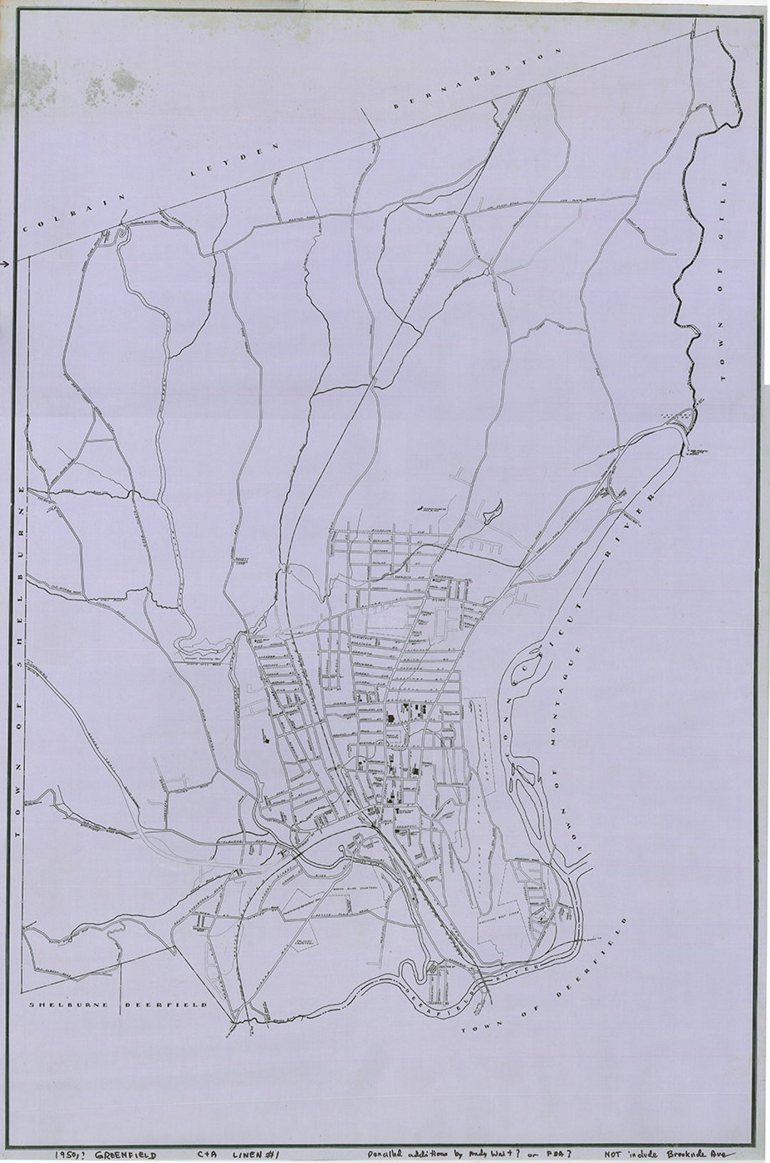 Greenfield Massachusetts 1952 Street Map Hand Drawn on Linen Original ...