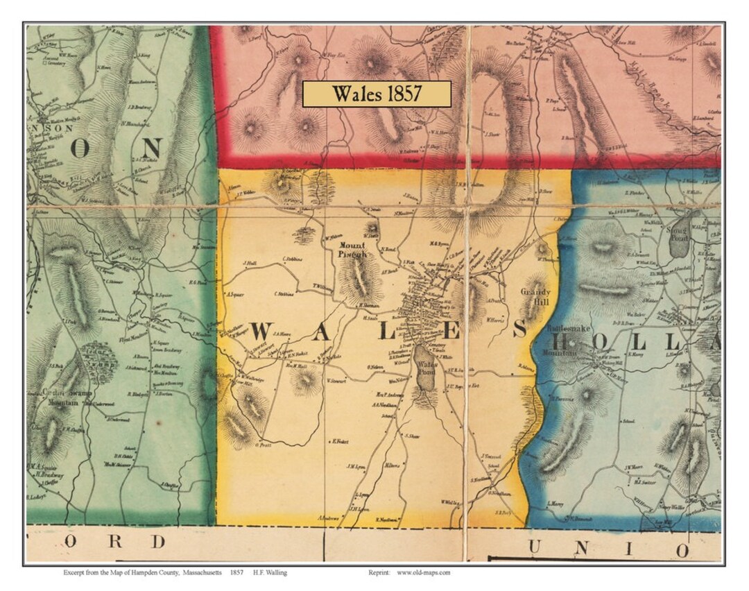 Wales 1857 Old Town Map With Homeowner Names Massachusetts - Reprint ...